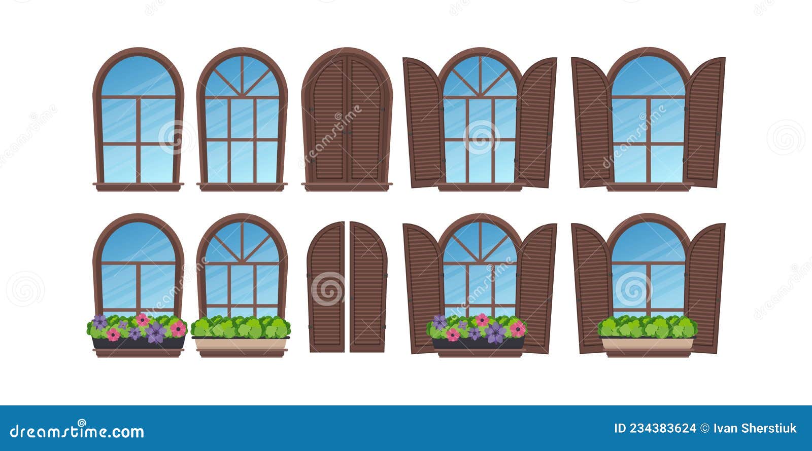 A Large Set of Semicircular Windows with Shutters and Flowers. in a ...