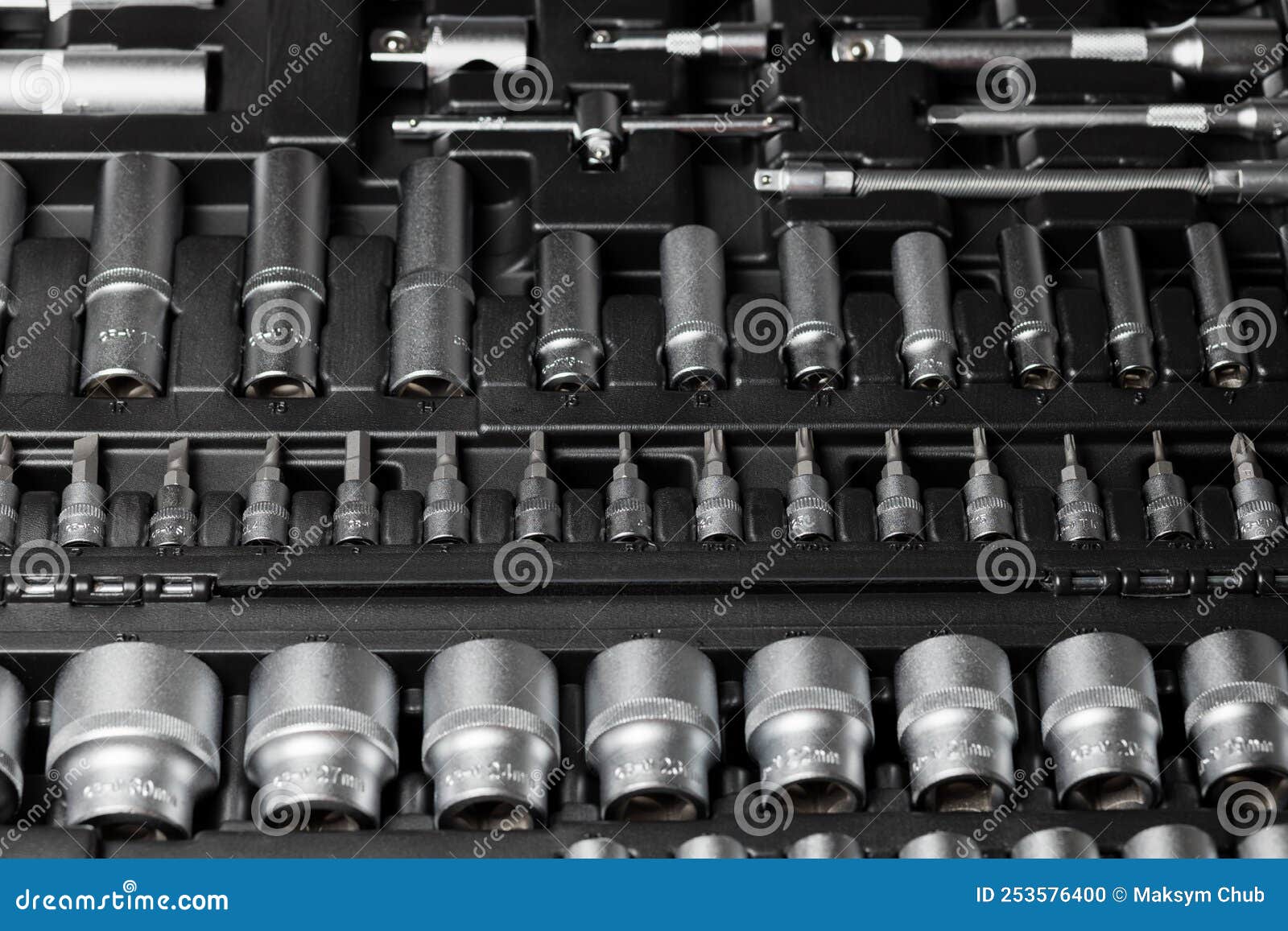 A Large Set of Tools in a Black Box Close-up. Nozzles of Different ...