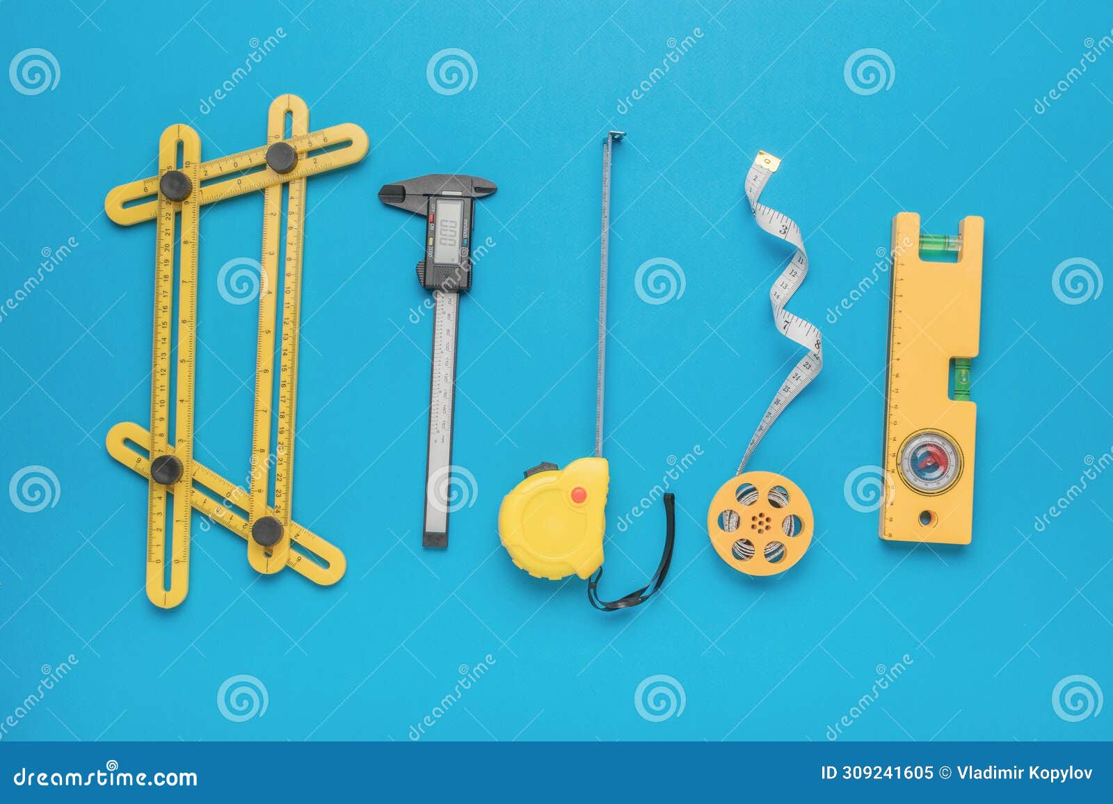 A Large Set of Various Measuring Instruments on a Blue Background Stock ...