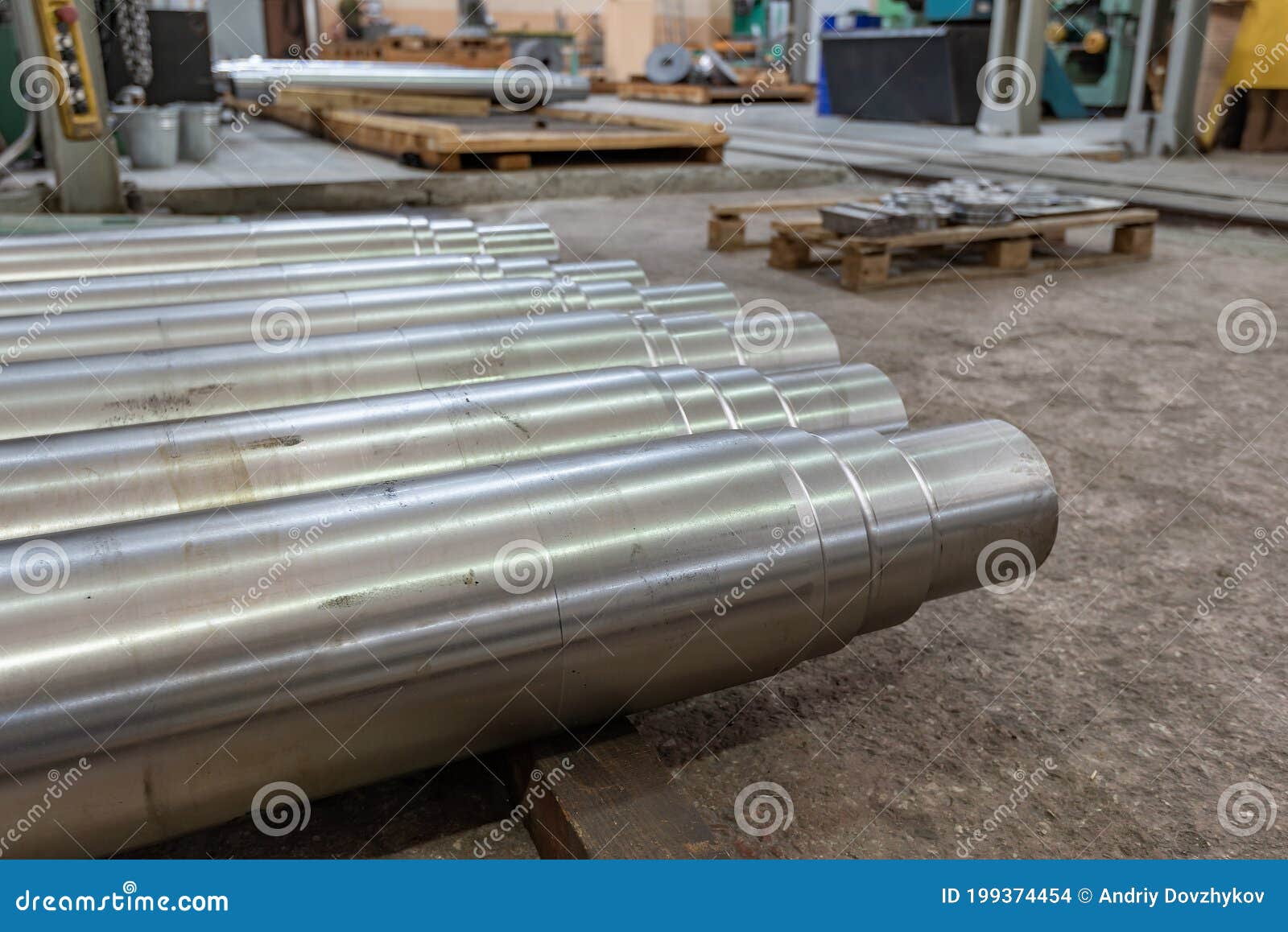 Large Shafts on a Wooden Rack after Turning and Milling Stock Photo ...