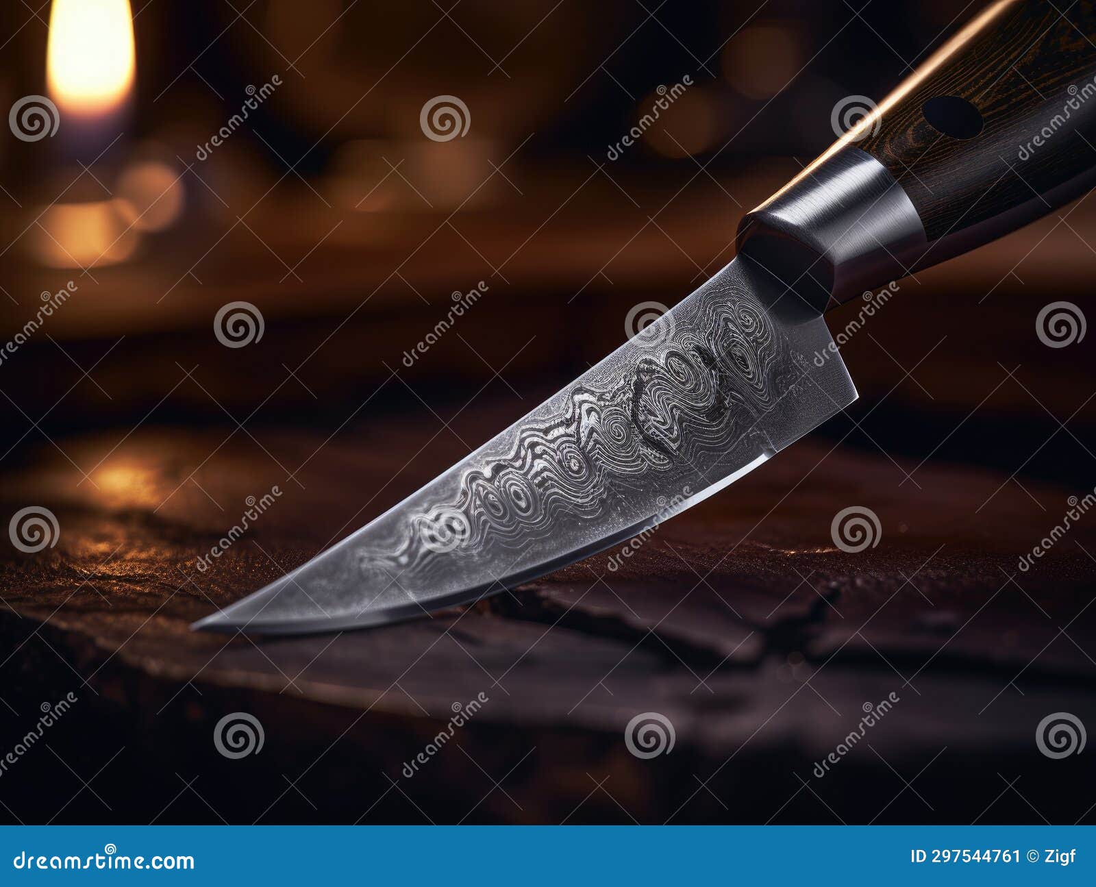Large, Sharp Knife on Top of Wooden Table. the Handle of Knife is ...