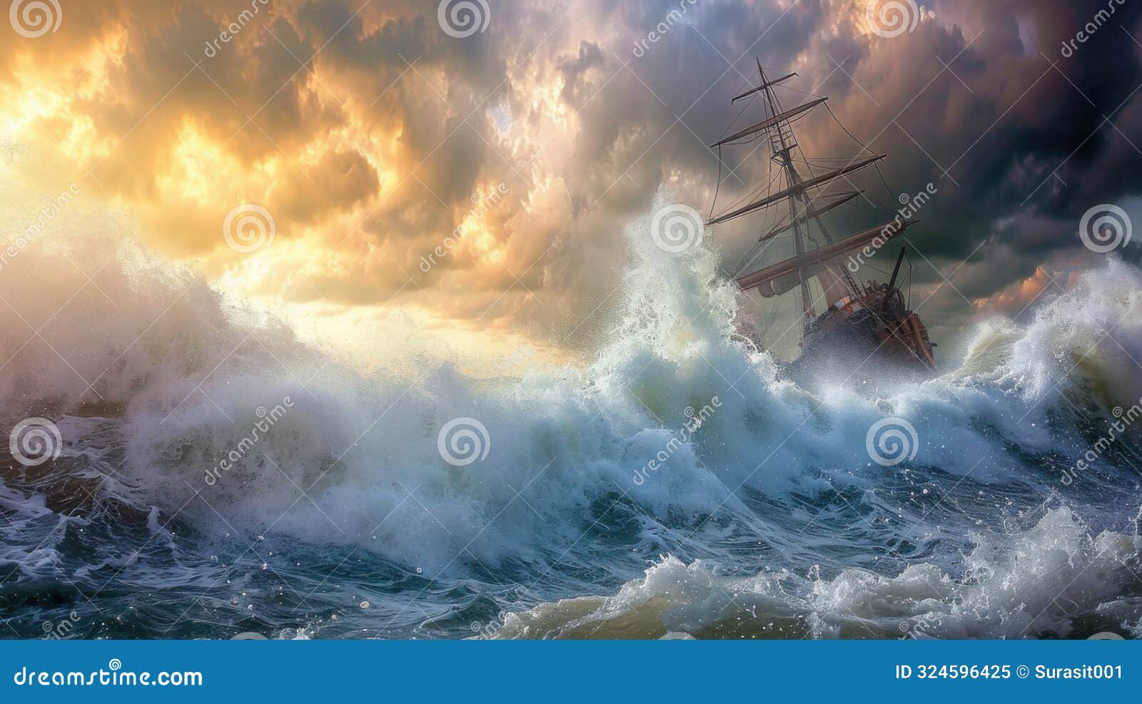 A Large Ship is Sailing through Rough Waters with Storm Clouds in the ...