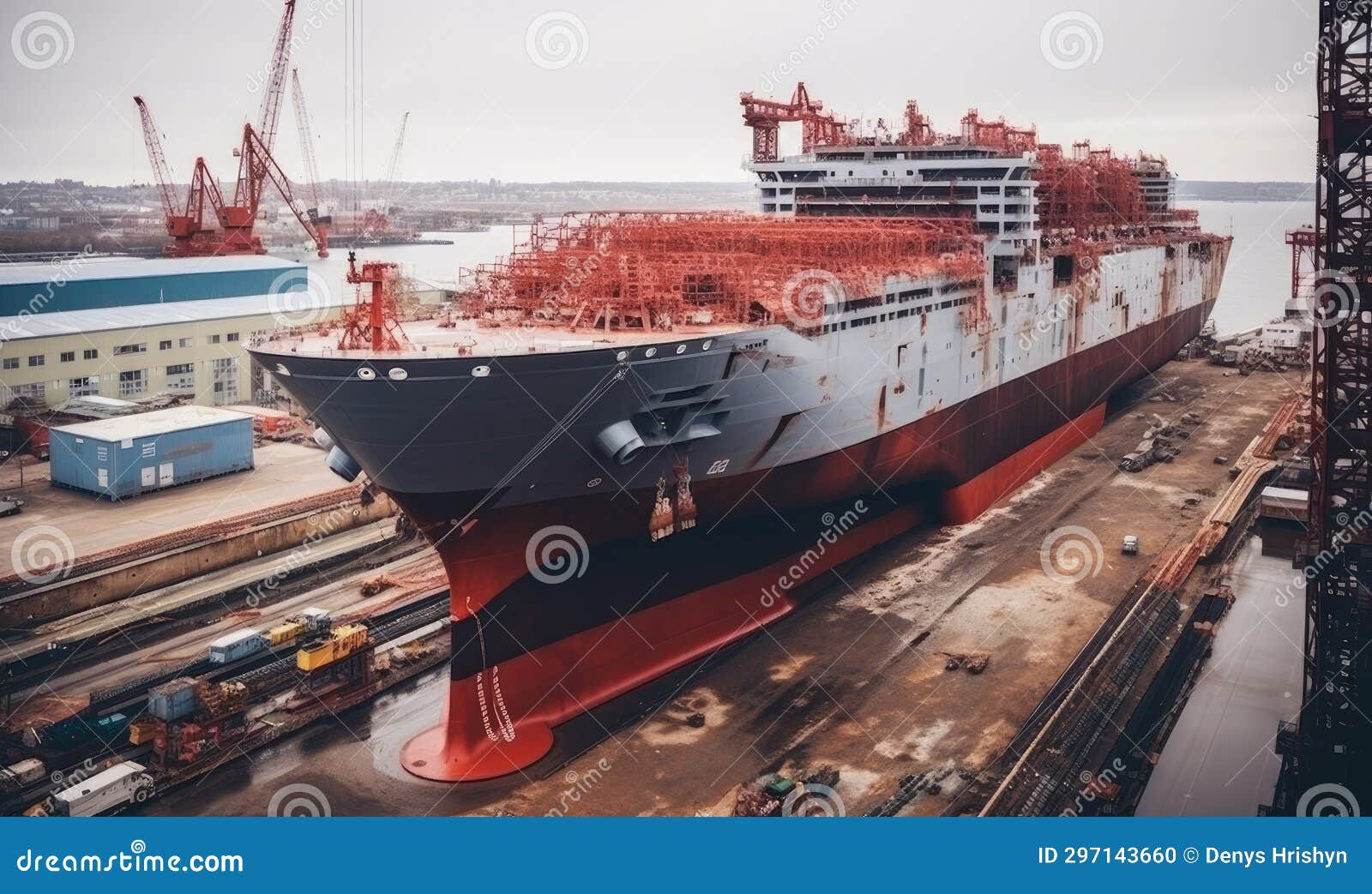 Shipyard With Large Cranes And Workers Constructing A Cargo Ship ...