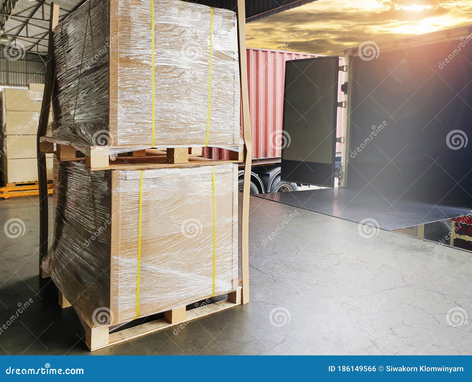 Large Shipment Pallet Goods at Interior Warehouse Dock. Stock Photo ...