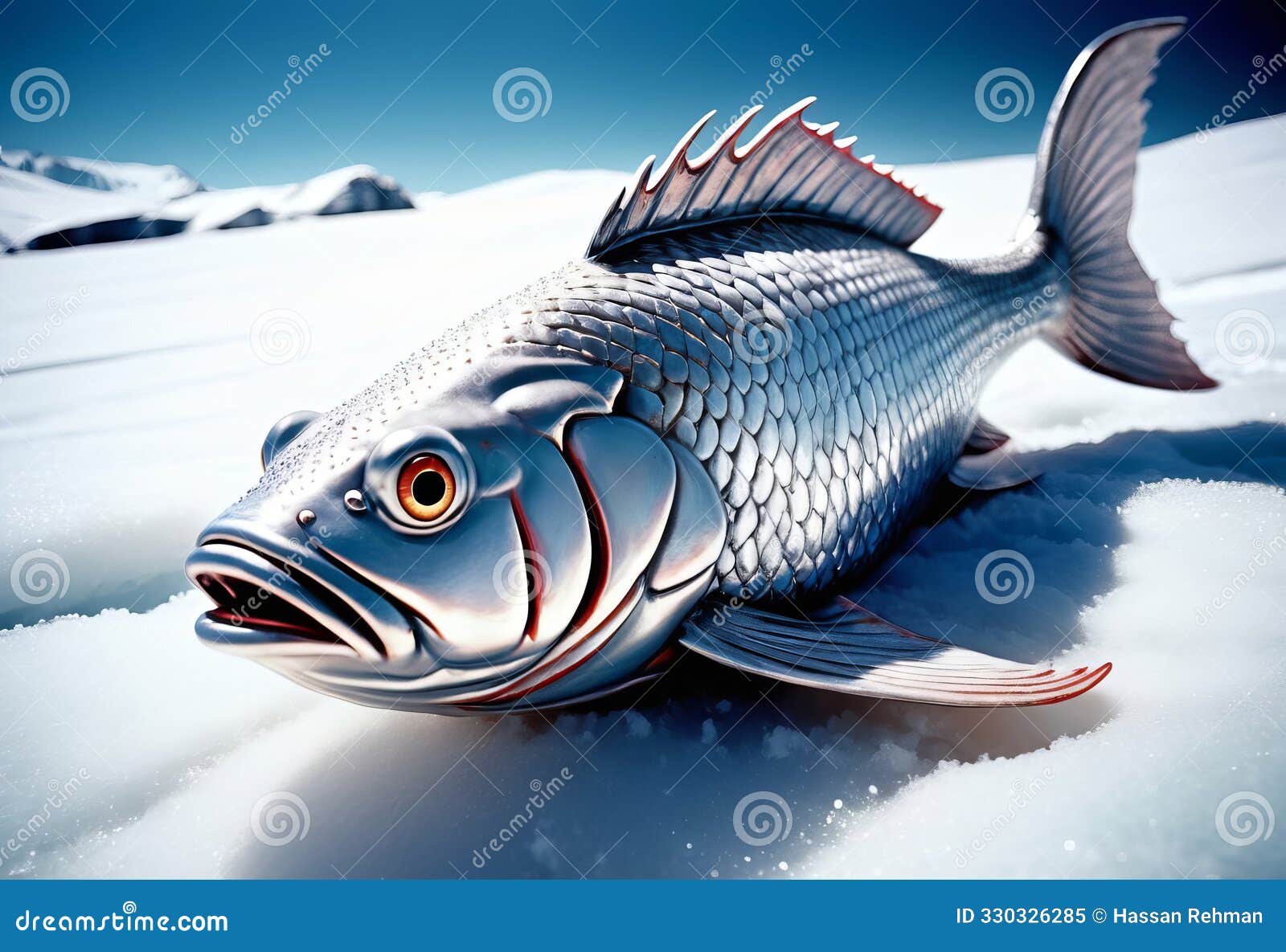A Large Silver Fish with Scales, Lying on a Surface Covered in Ice or ...