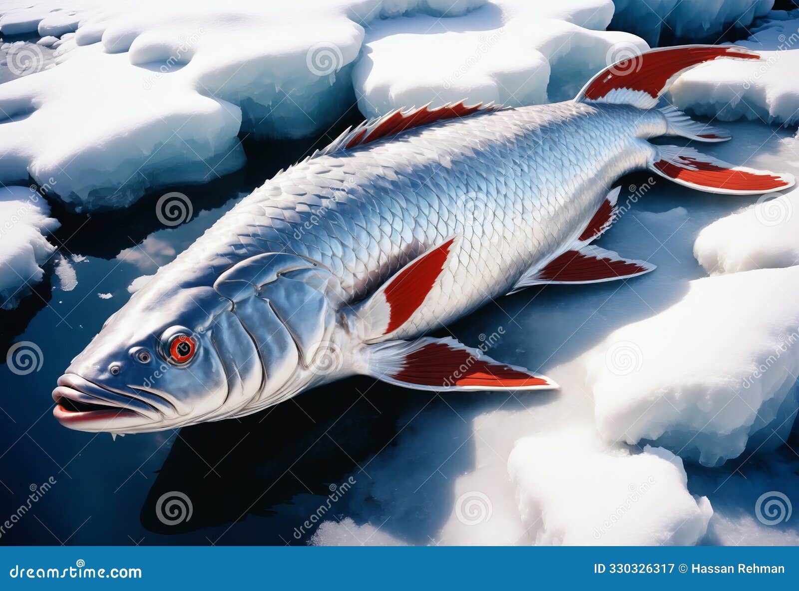 A Large Silver Fish with Scales, Lying on a Surface Covered in Ice or ...