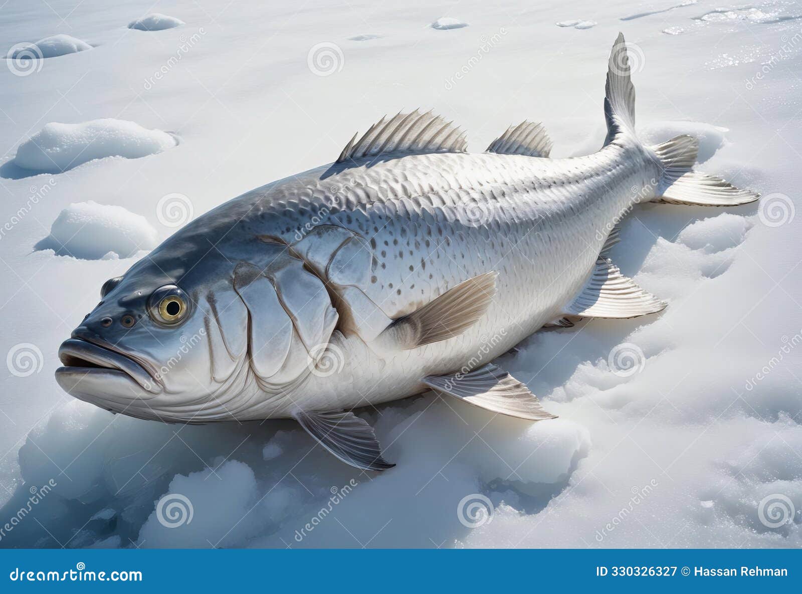 A Large Silver Fish with Scales, Lying on a Surface Covered in Ice or ...