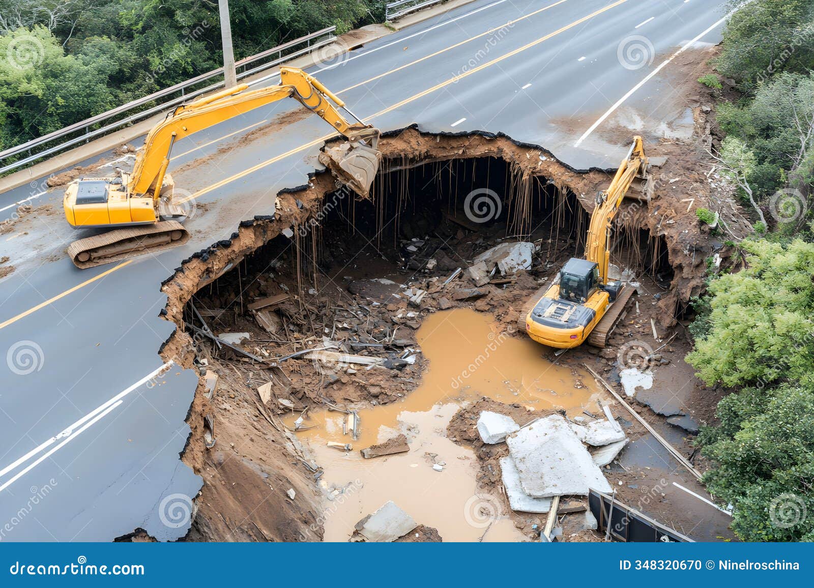 Large Sinkhole Disrupts Road Access with Construction Equipment on Site ...