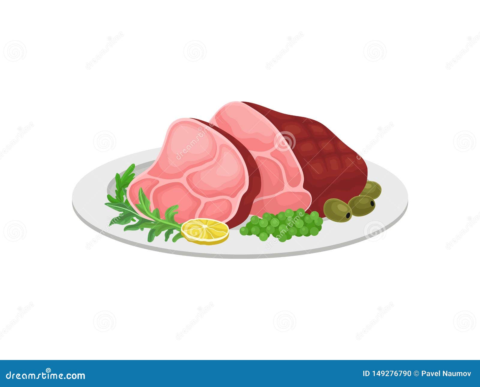 Large Slice of Ham with Lemon and Olives. Vector Illustration on White ...