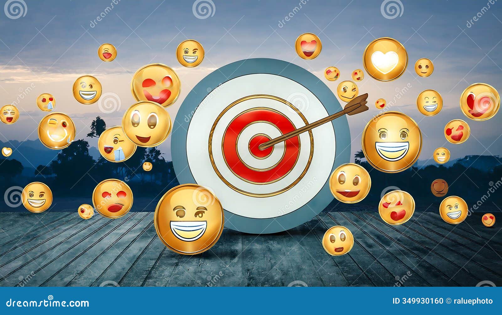 Large Smiling Emoji and Target Graphic Smaller Emojis Float Around ...