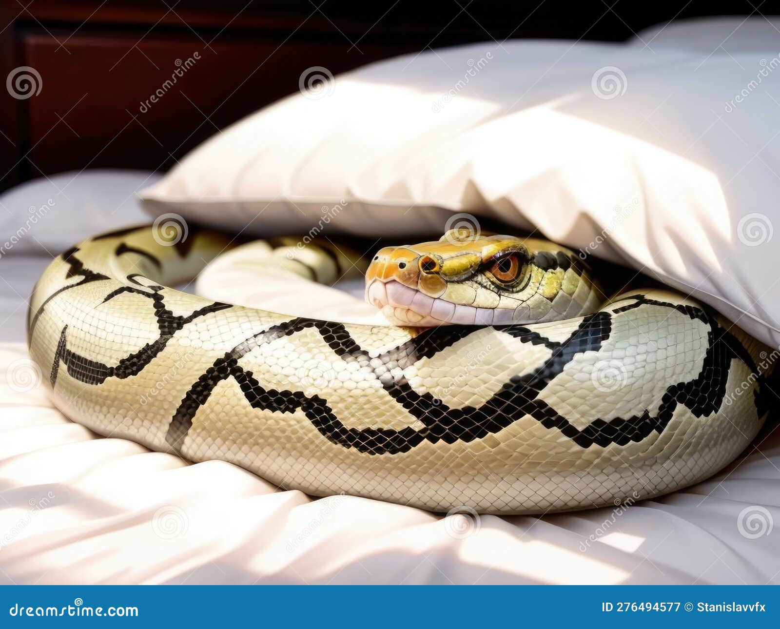 A Large Snake Hid Under the Covers in the Bed. AI Generated. Stock ...