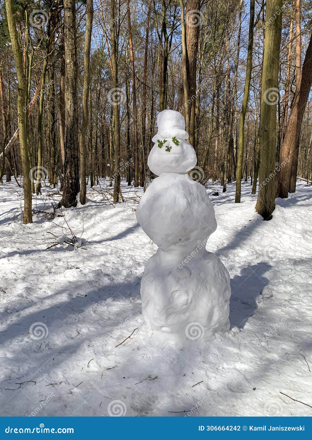 A Large Snowman Standing by the Forest Road Stock Photo - Image of ...