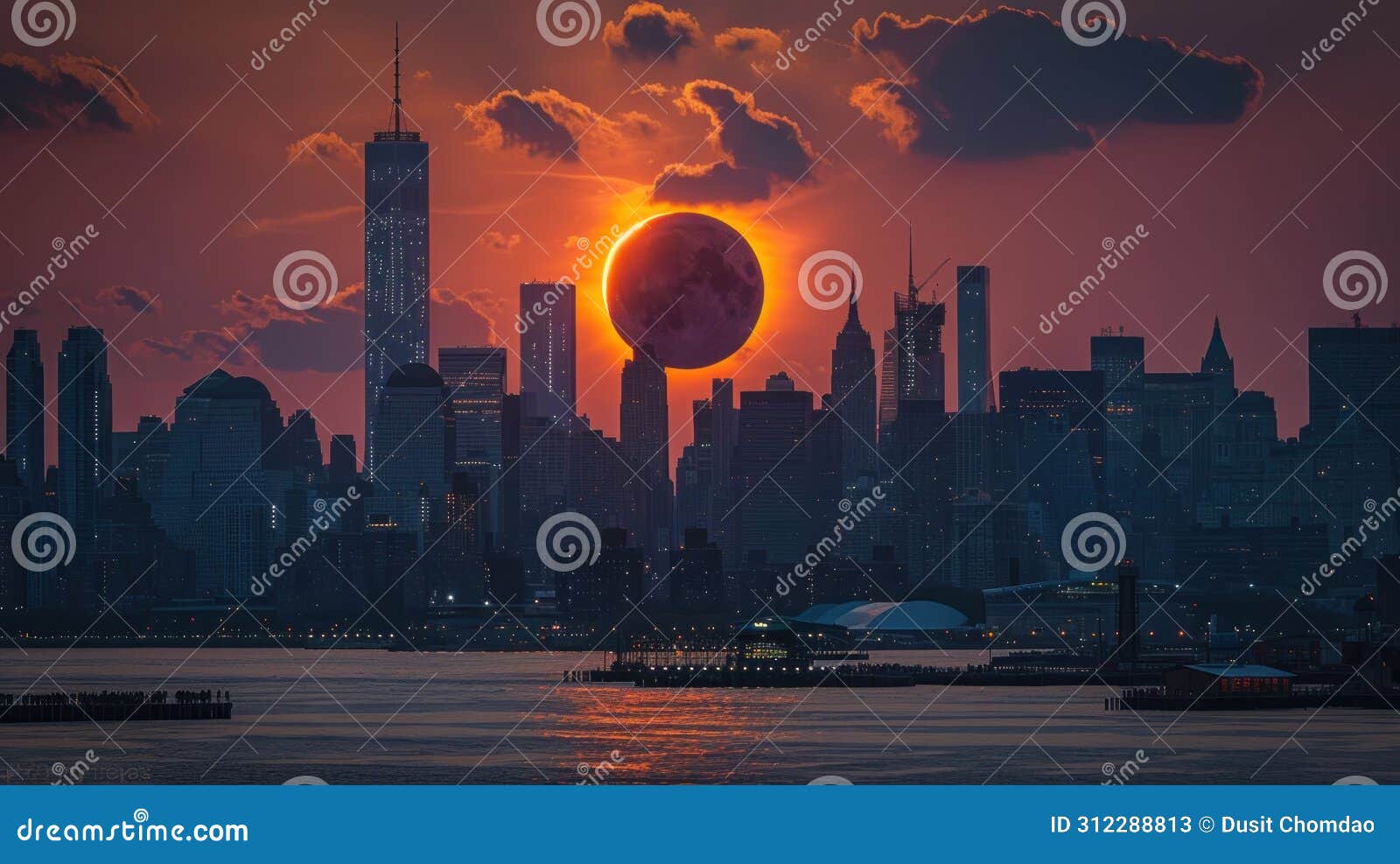 A Large Solar Eclipse is Setting Over a City Skyline Stock Image ...