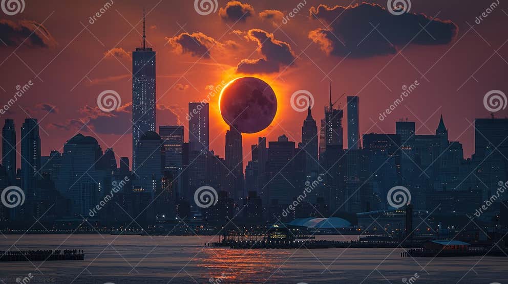 A Large Solar Eclipse is Setting Over a City Skyline Stock Image ...