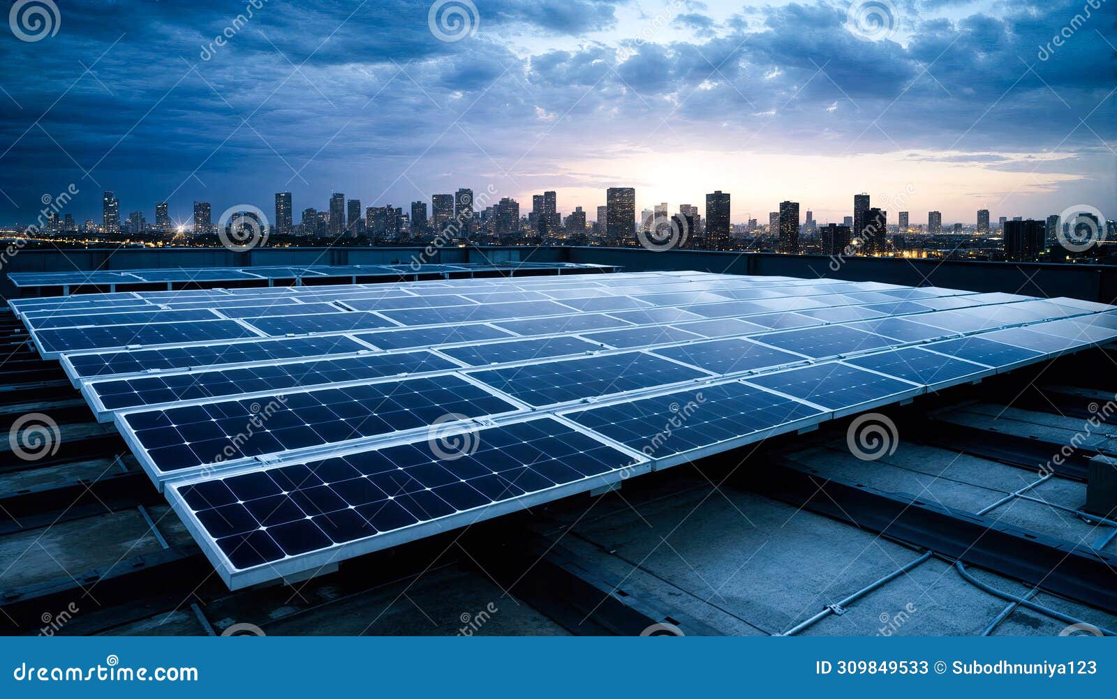 A Large Solar Panel Array on a Rooftop in the City the Solar Panels are ...