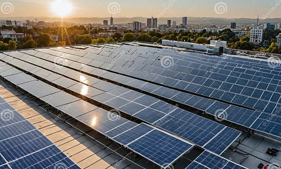 A Large Solar Panel Array is Shown from an Aerial View, with the Sun in ...