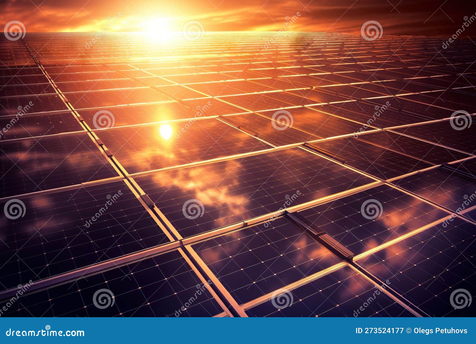 A Large Solar Panel with the Sun Setting in the Background and Clouds ...