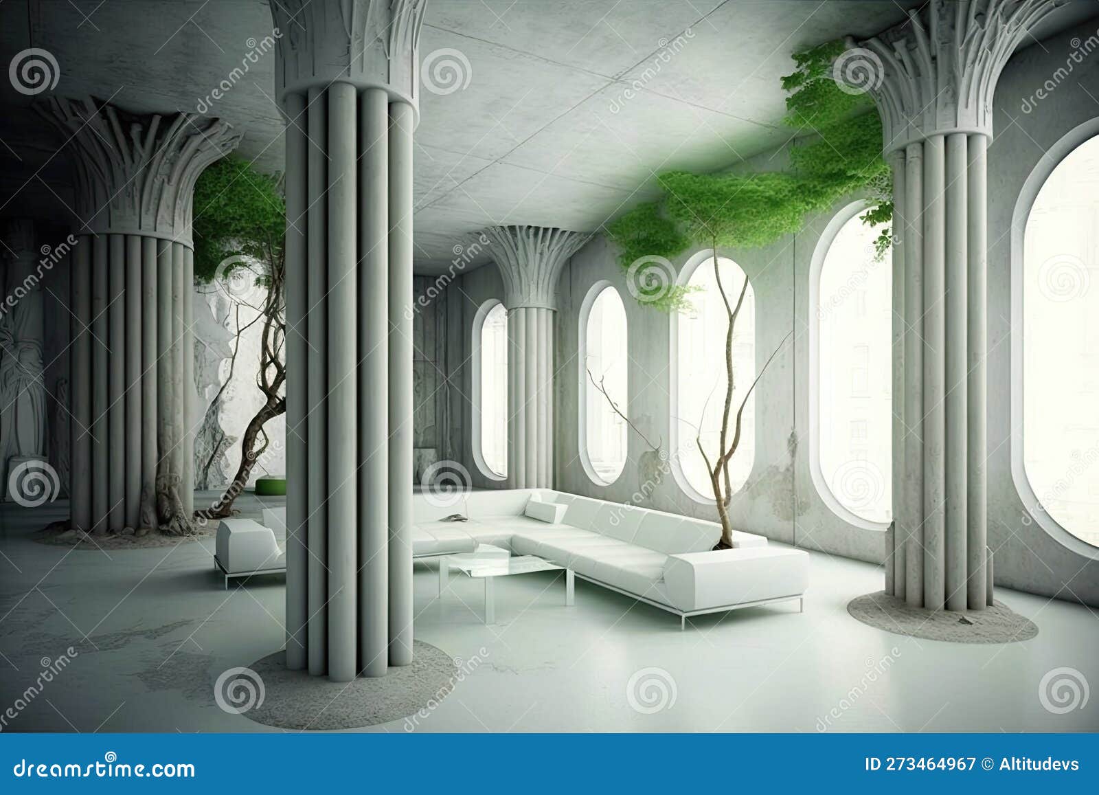 Large Space Room in Modern Style with Tree Columns Jungle Interior ...