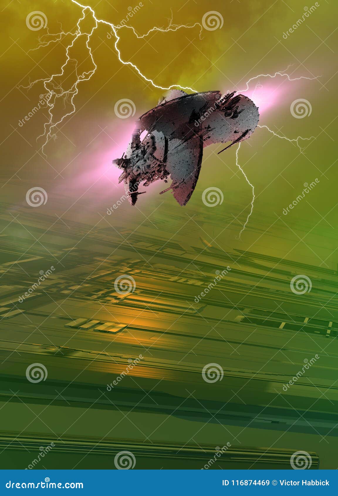 Large Spaceship and Lightning Stock Illustration - Illustration of ...