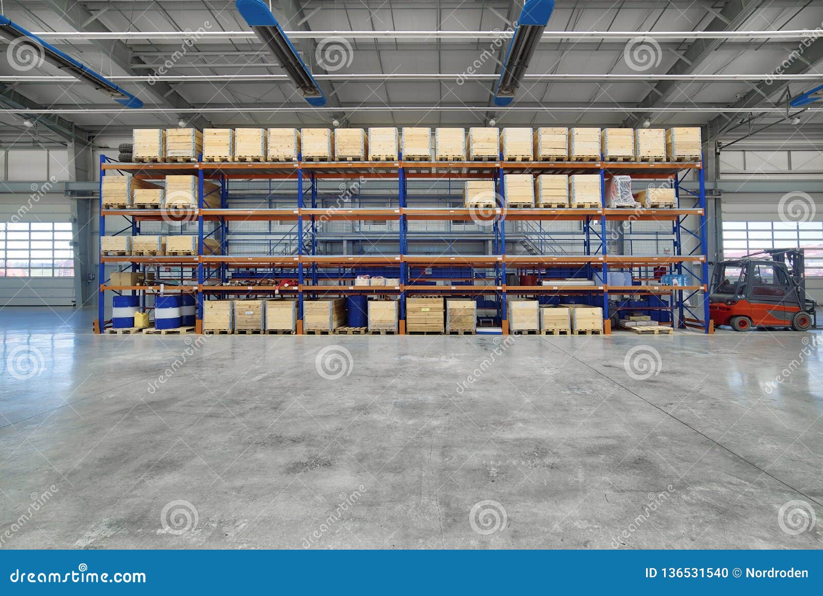Large, Spacious Assembly Shop. High Storage Racks with Wooden Boxes ...