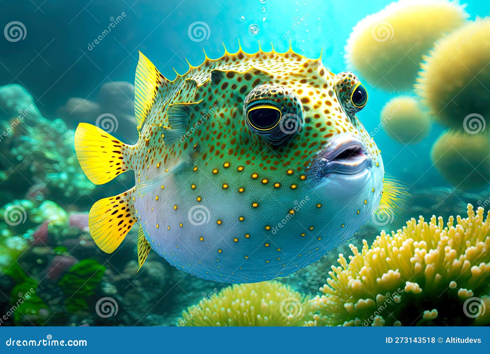 Large Spherical Puffer Fish with Yellow Fins and Spines Stock Photo ...