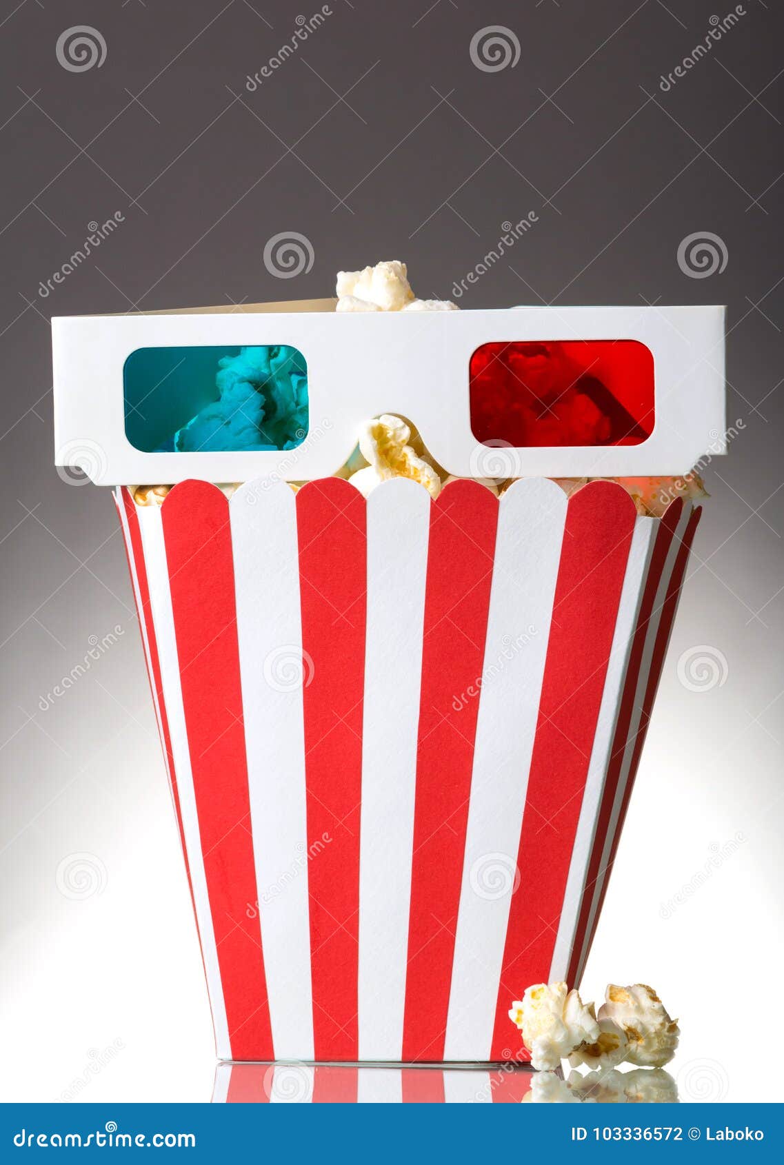Large Square Box Popcorn and 3D Glasses, Several beside Gray. Stock ...