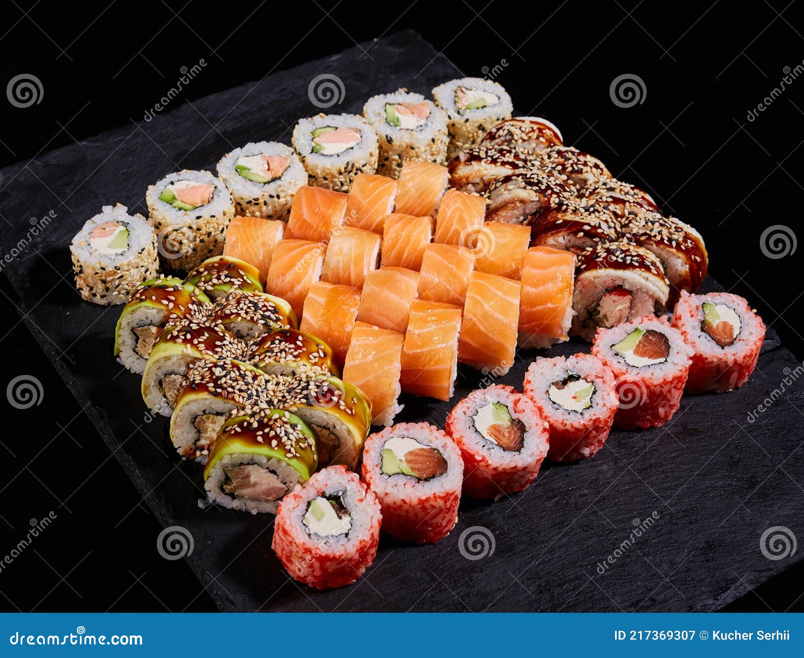 Large Square Stone Board with Sushi Set of Different Types of Rolls ...