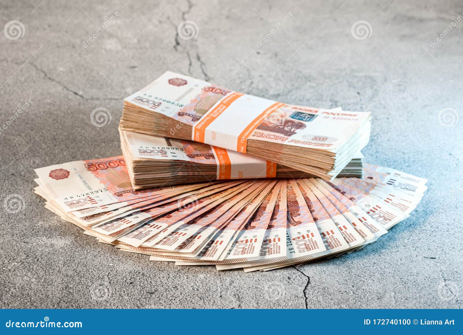 Large Stack of Banknotes, Russian Rubles Laying on a Grey Concrete ...