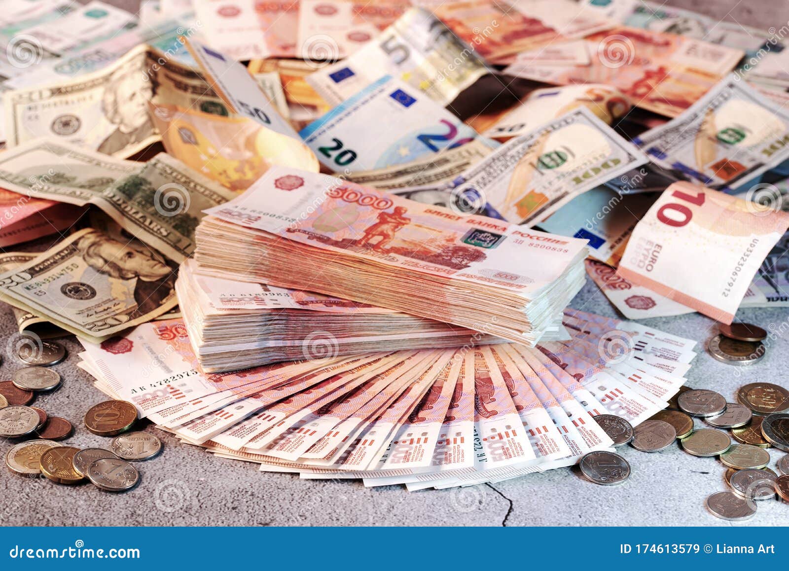 Large Stack of Banknotes, Russian Rubles Laying on a Grey Concrete ...