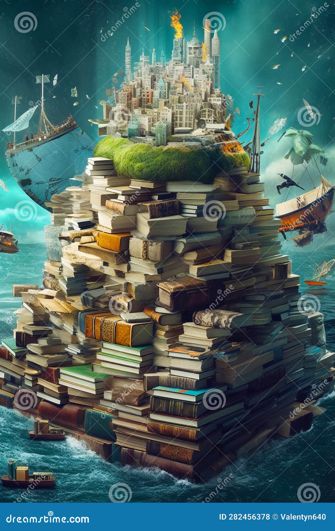 Large Stack of Books Floating on Top of Boat in the Ocean. Generative ...