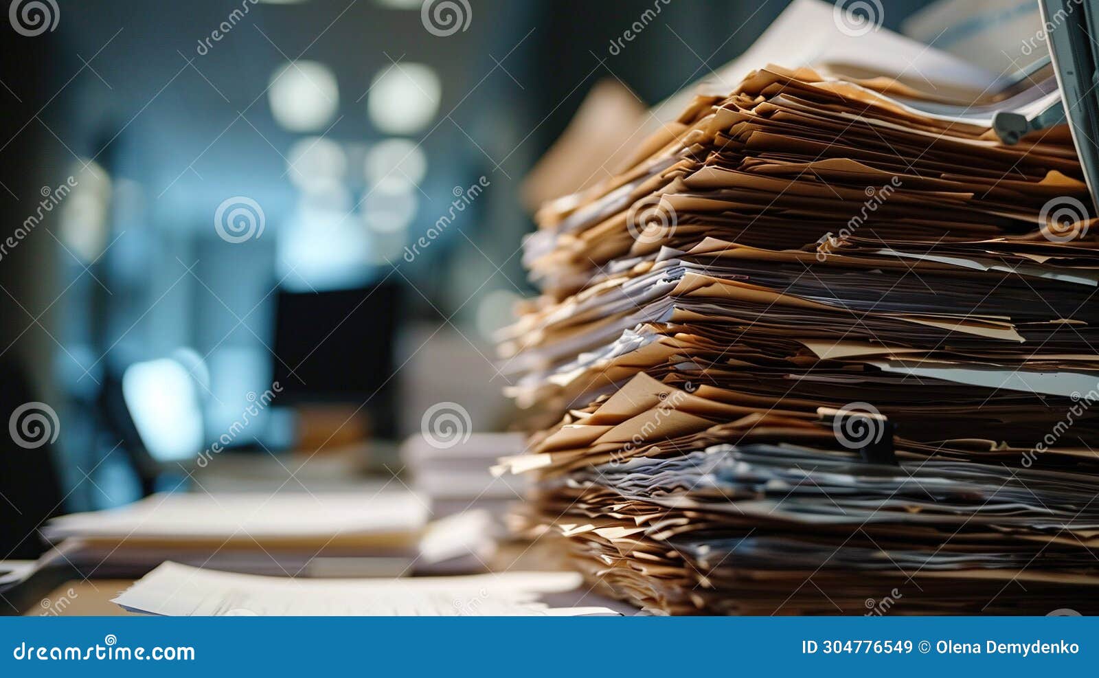 Large Stack of Business Papers on Blurred Office Background and Bokeh ...