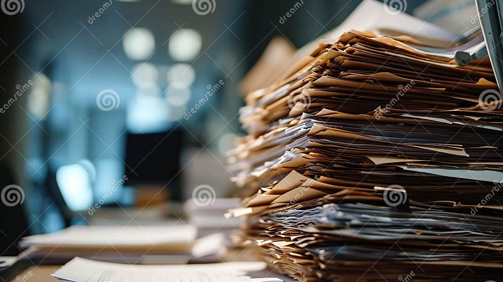 Large Stack of Business Papers on Blurred Office Background and Bokeh ...