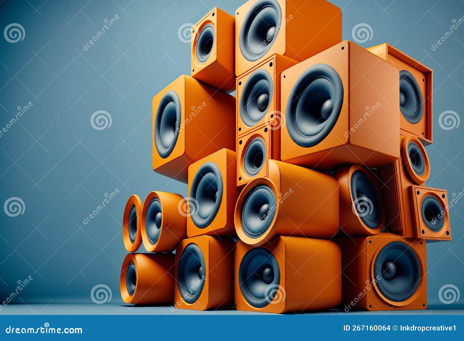 A Large Stack of Colourful Orange and Blue Music Audio Speakers ...