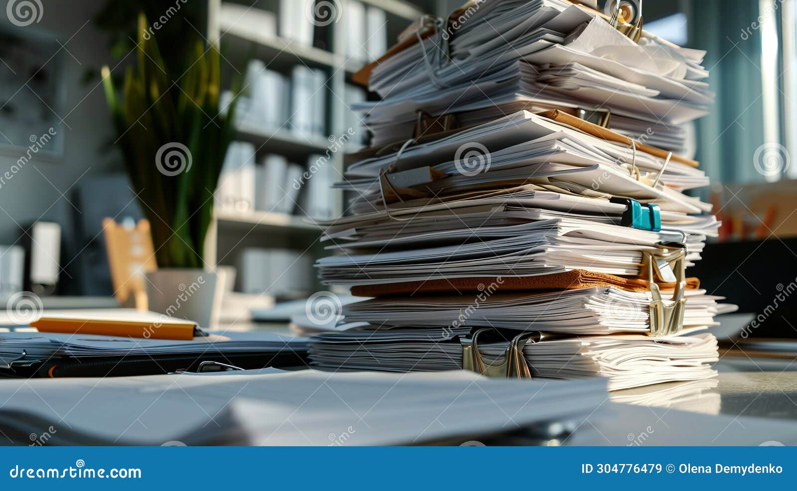A Large Stack of Documents Against the Background of a Modern Office ...
