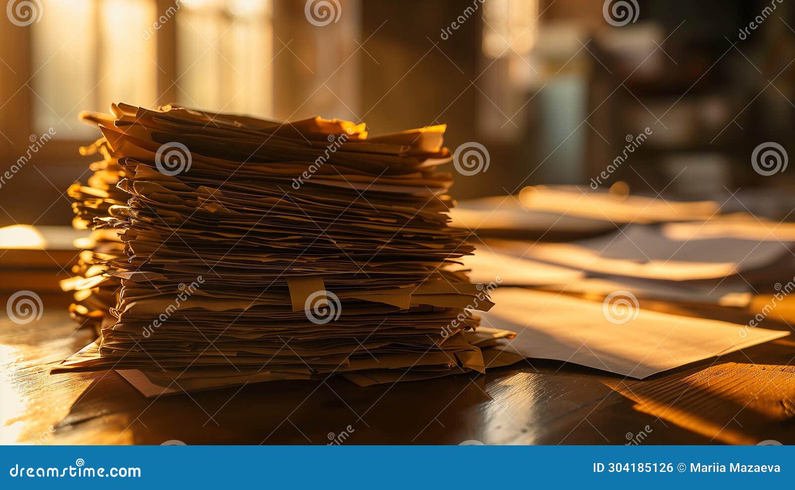 A Large Stack of Documents on the Office Desk. Evening Lighting ...