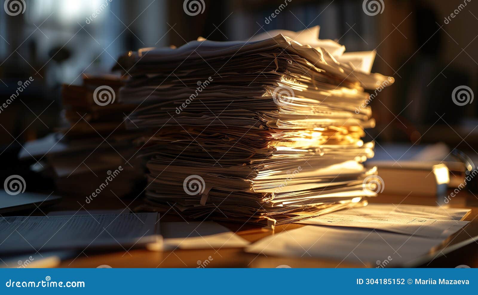 A Large Stack of Documents on the Office Desk. Evening Lighting ...