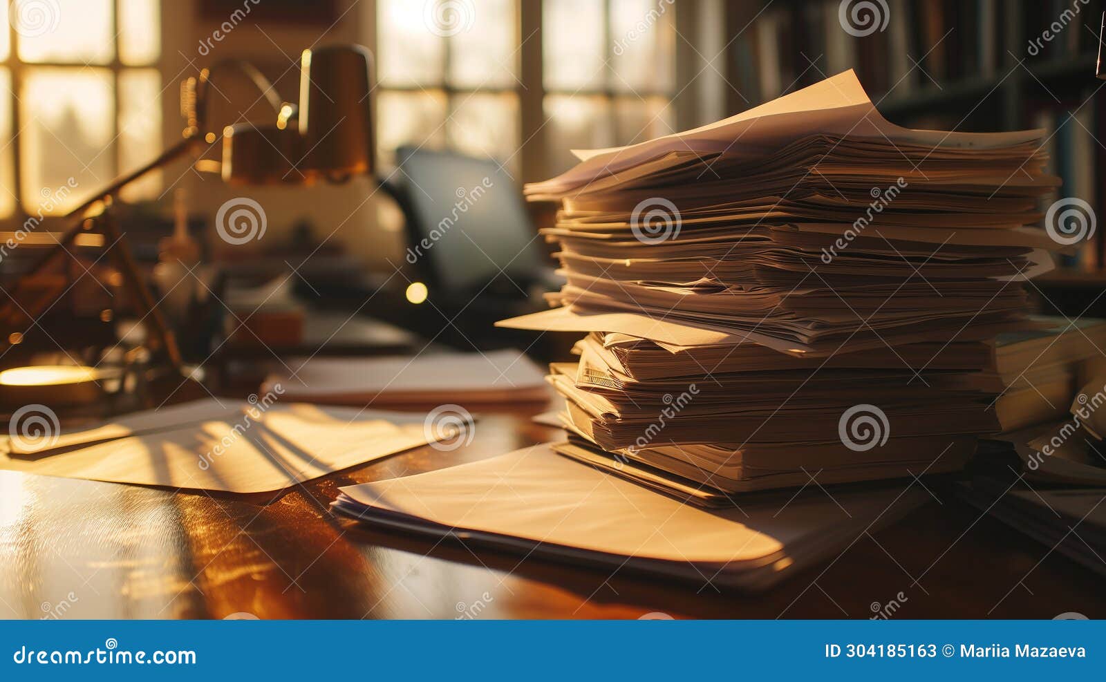 A Large Stack of Documents on the Office Desk. Evening Lighting ...