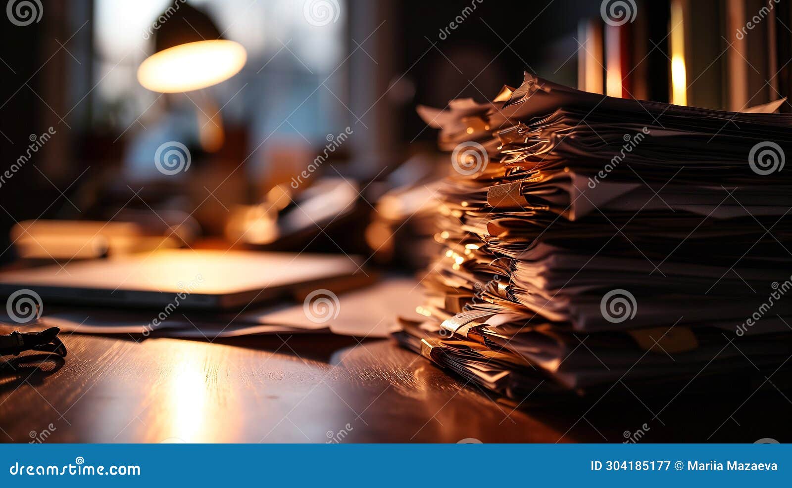 A Large Stack of Documents on the Office Desk. Evening Lighting ...