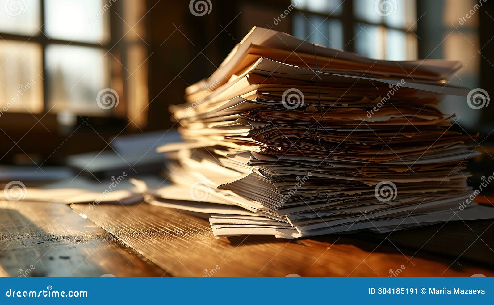 A Large Stack of Documents on the Office Desk. Evening Lighting ...