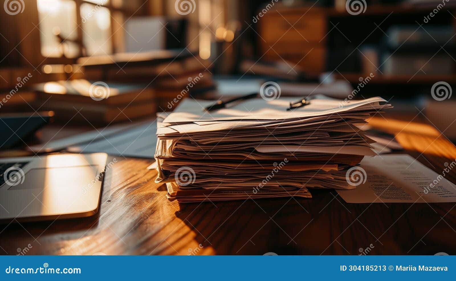 A Large Stack of Documents on the Office Desk. Evening Lighting ...