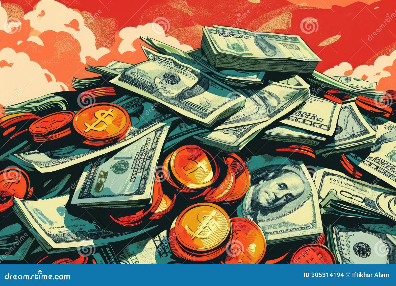 A Large Stack of Money is Placed on Top of a Mound of Coins, Creating a ...