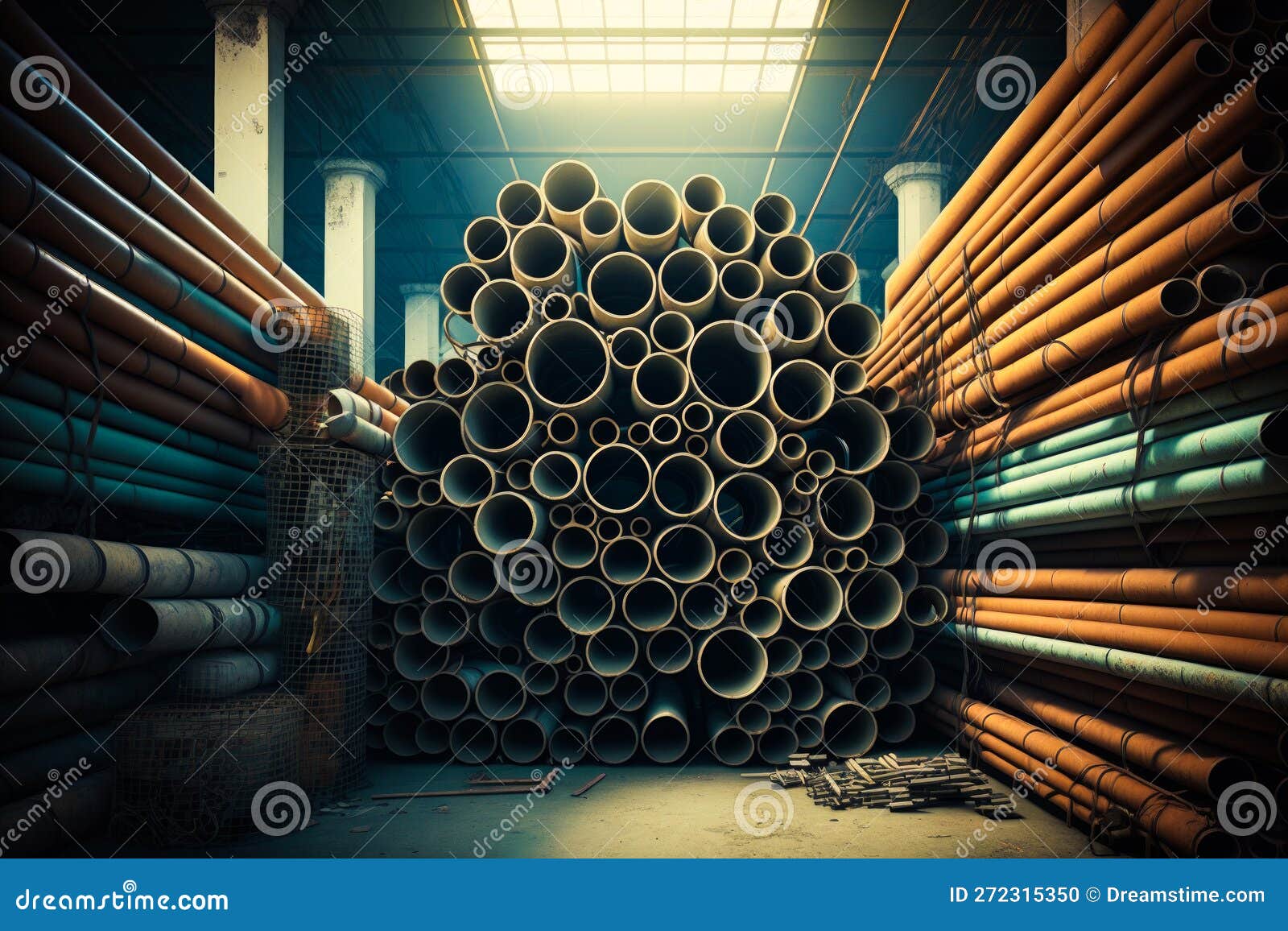 Large Stack of Pipes Sitting in Warehouse Next To Pile of Pallets ...