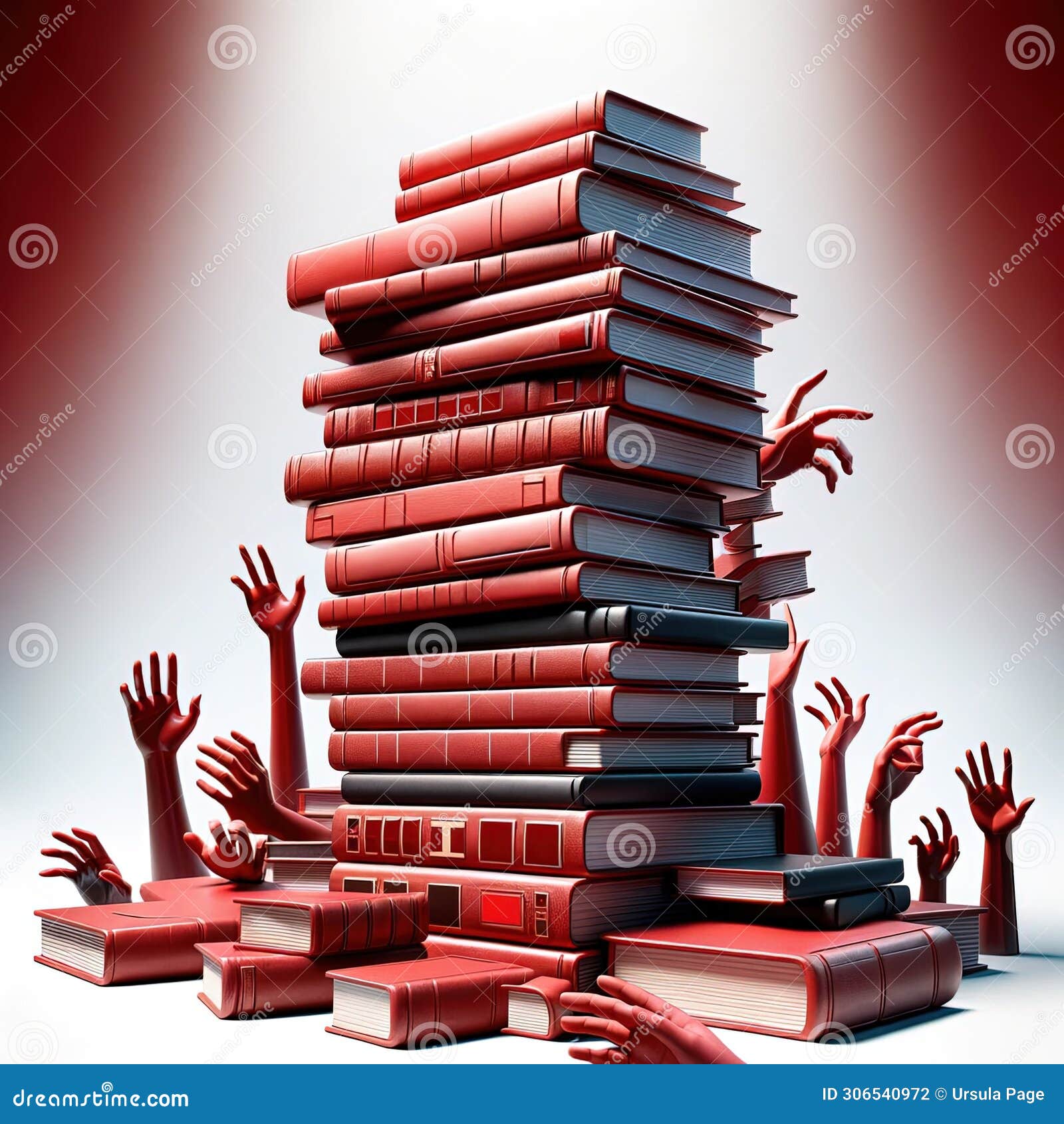 A Large Stack of Red Books with Hands Coming Towards Them As a Concept ...
