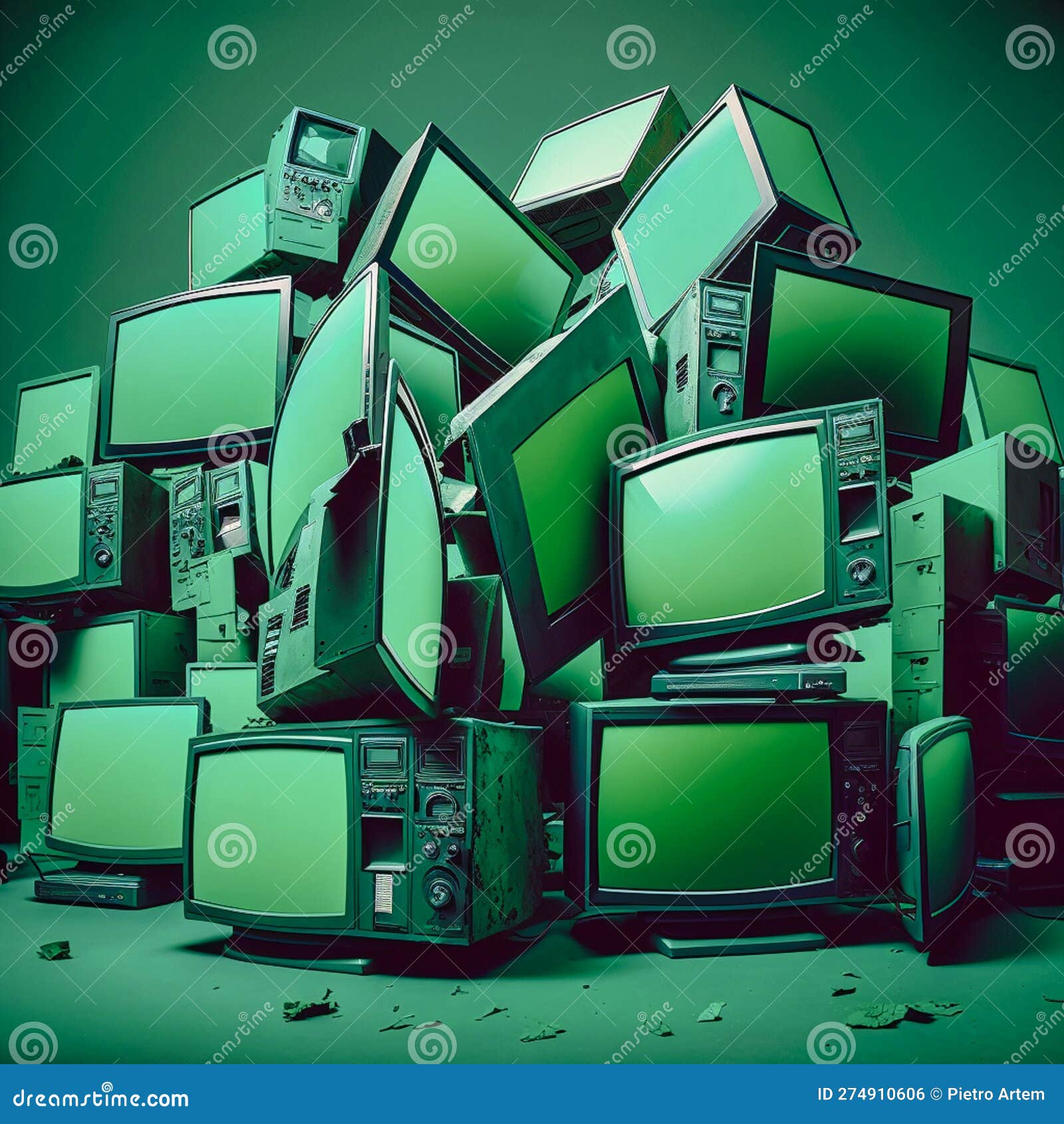 A Large Stack of TVs with Green Screens, Generative AI Stock Photo ...