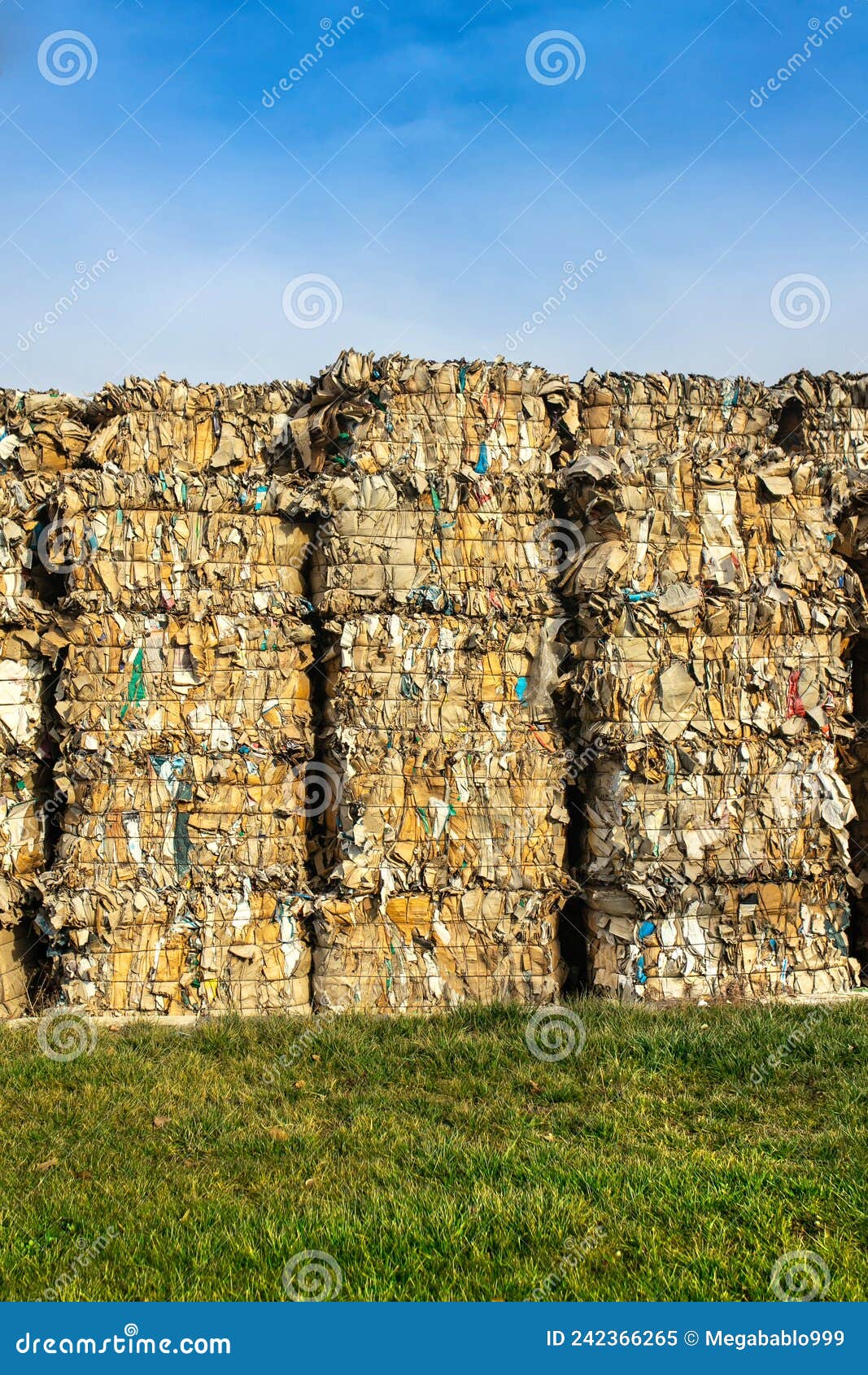 Large Stacks Waste Paper for Recycling on the Grass Outdoors, Vertical ...