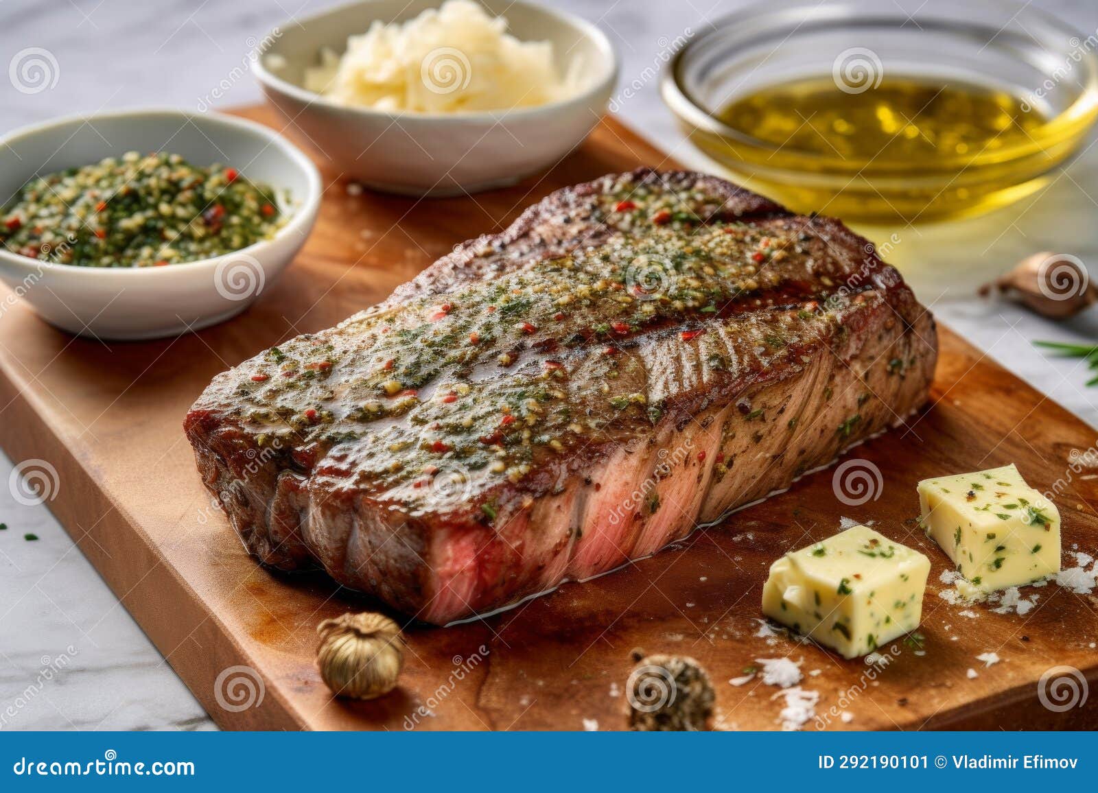 Large Steak is Sitting on Board with Some Spinach Green Sauce on Side ...