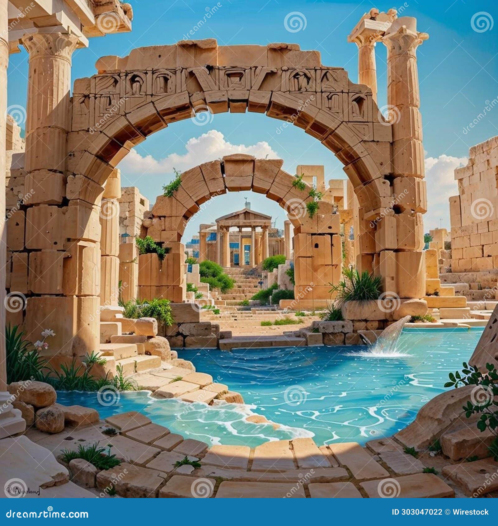 A Large Stone Arch and Water Feature in the Middle of a City Stock ...