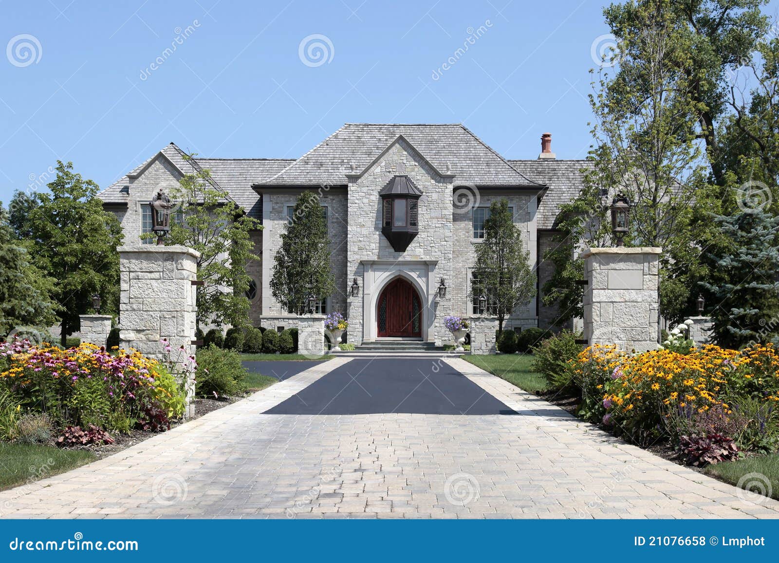 Large Stone Home with Pillars Stock Photo - Image of detached, large ...