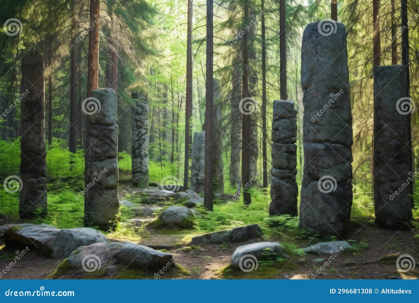 Large Stone Pillars in a Dense Pine Forest Stock Photo - Image of ...