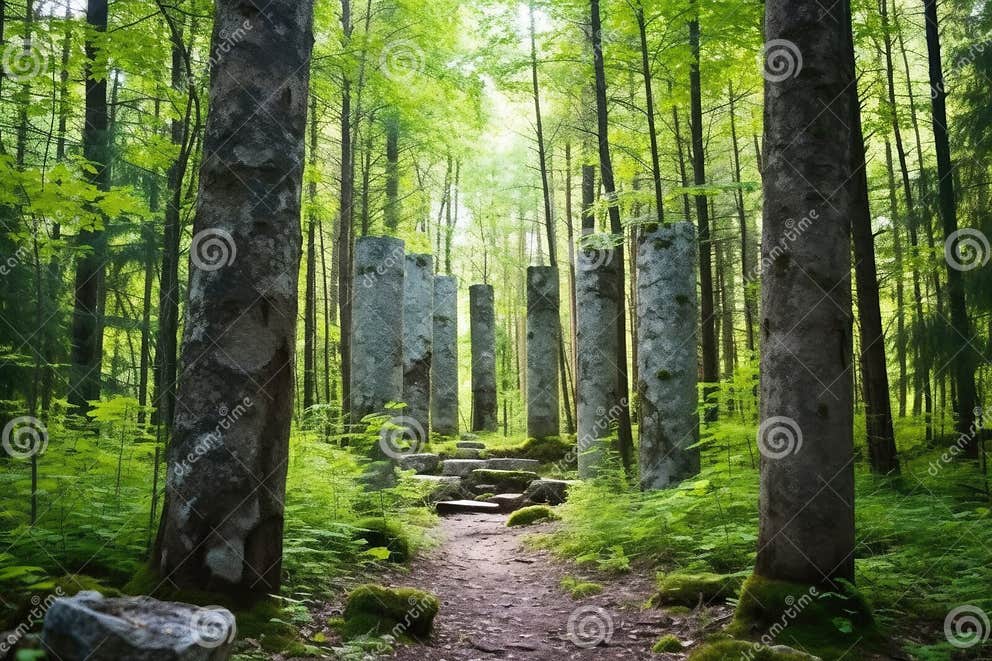 Large Stone Pillars in a Dense Pine Forest Stock Image - Image of ...